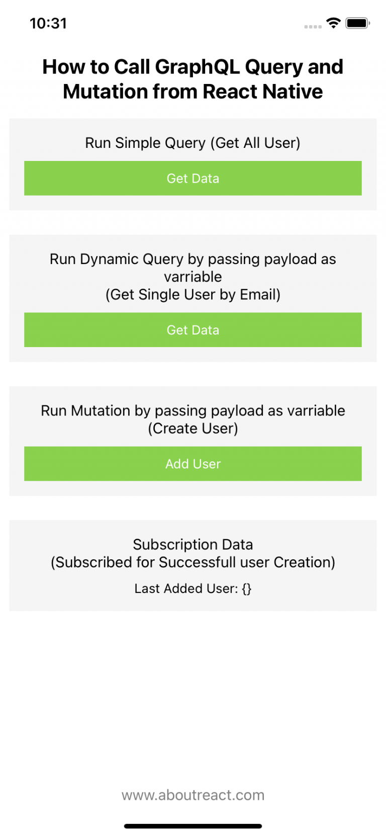 GraphQL Query, Mutation and Subscribe with React Native App