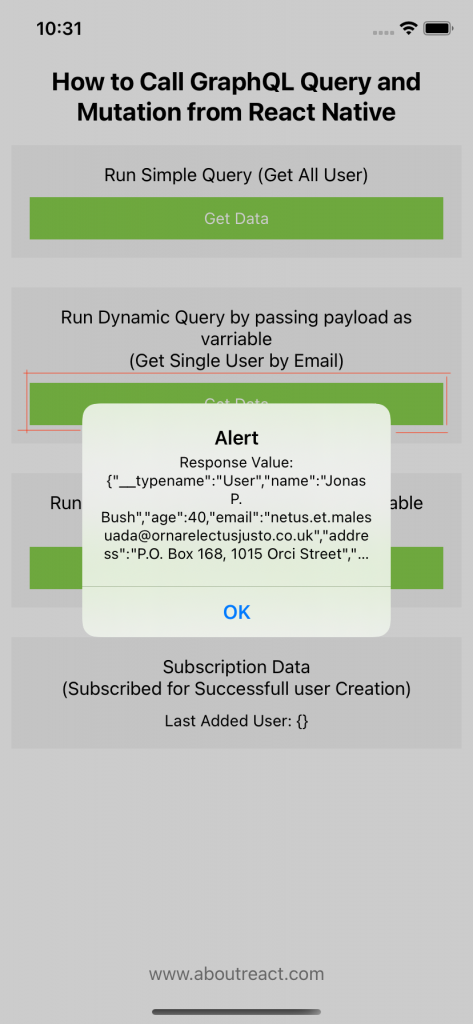GraphQL Query, Mutation and Subscribe with React Native App