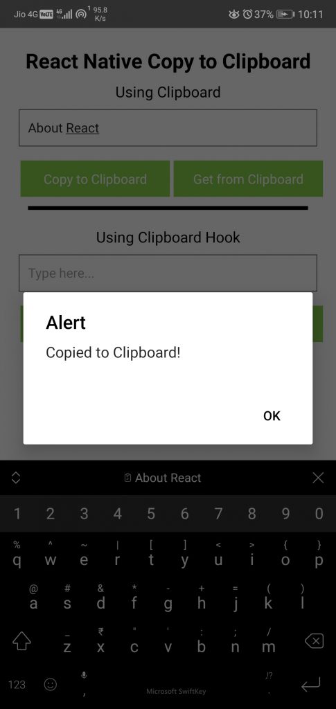 Example of React Native Copy to Clipboard - About React