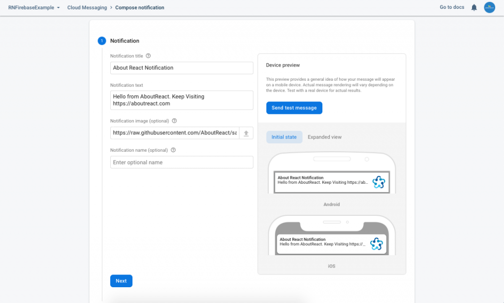 Send Notification to React Native App using Firebase Cloud Messaging