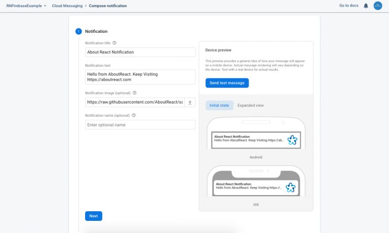 Send Notification to React Native App using Firebase Cloud Messaging