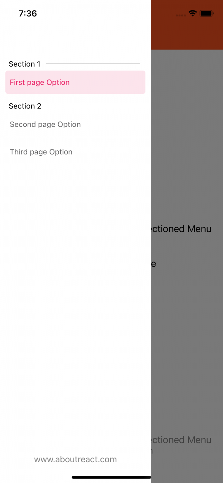React Navigation Drawer with Sectioned Menu Options & Footer