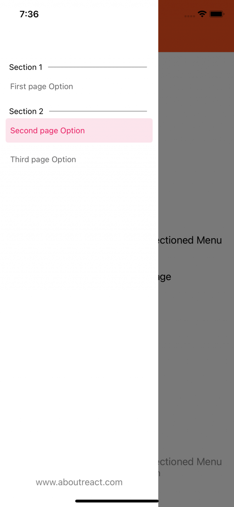 React Navigation Drawer with Sectioned Menu Options & Footer