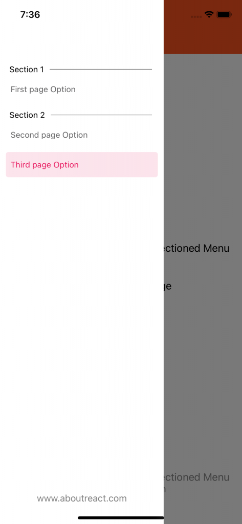 React Navigation Drawer With Sectioned Menu Options And Footer