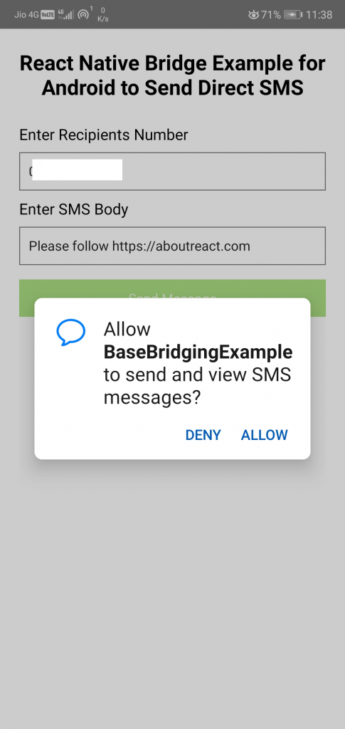 React Native Bridge Example to Send Direct SMS from React Native App
