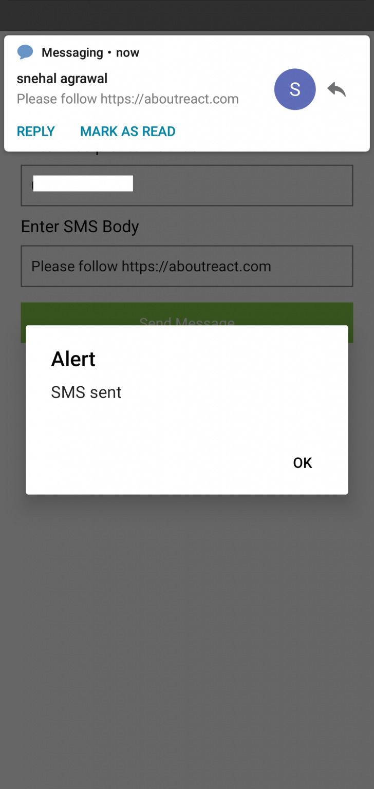 React Native Bridge Example to Send Direct SMS from React Native App